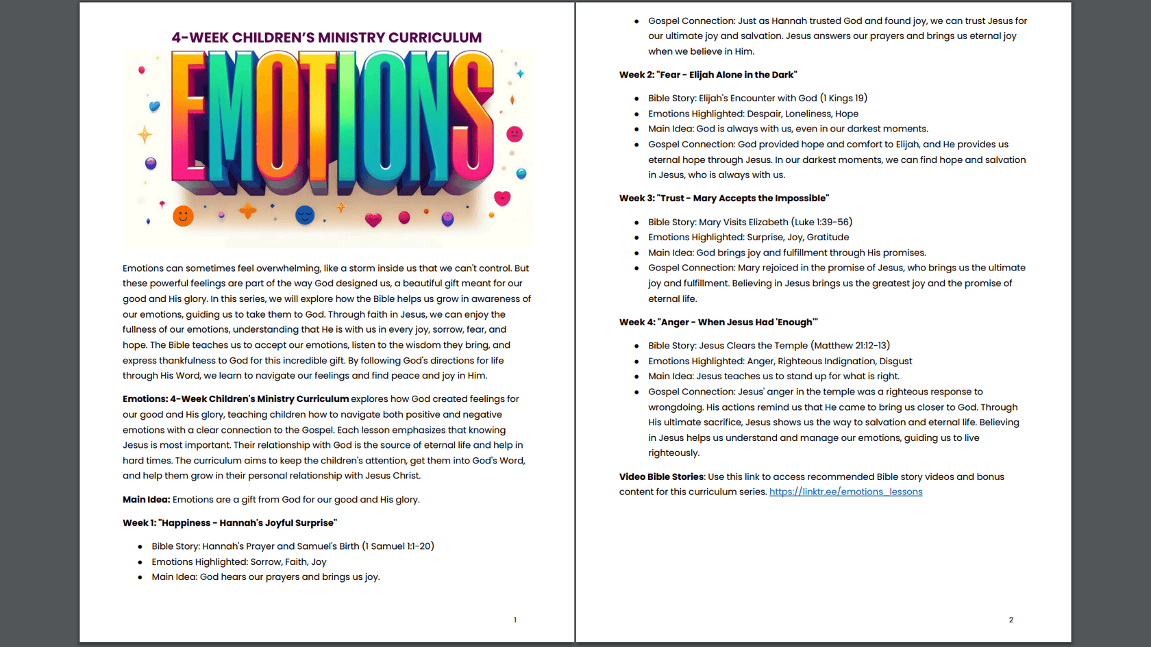 EMOTIONS: 4-Week Sunday School Curriculum for Children's Ministry ...