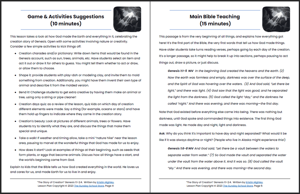 In the Beginning God Created (Genesis 1:1-2:4) Printable Bible Lesson ...