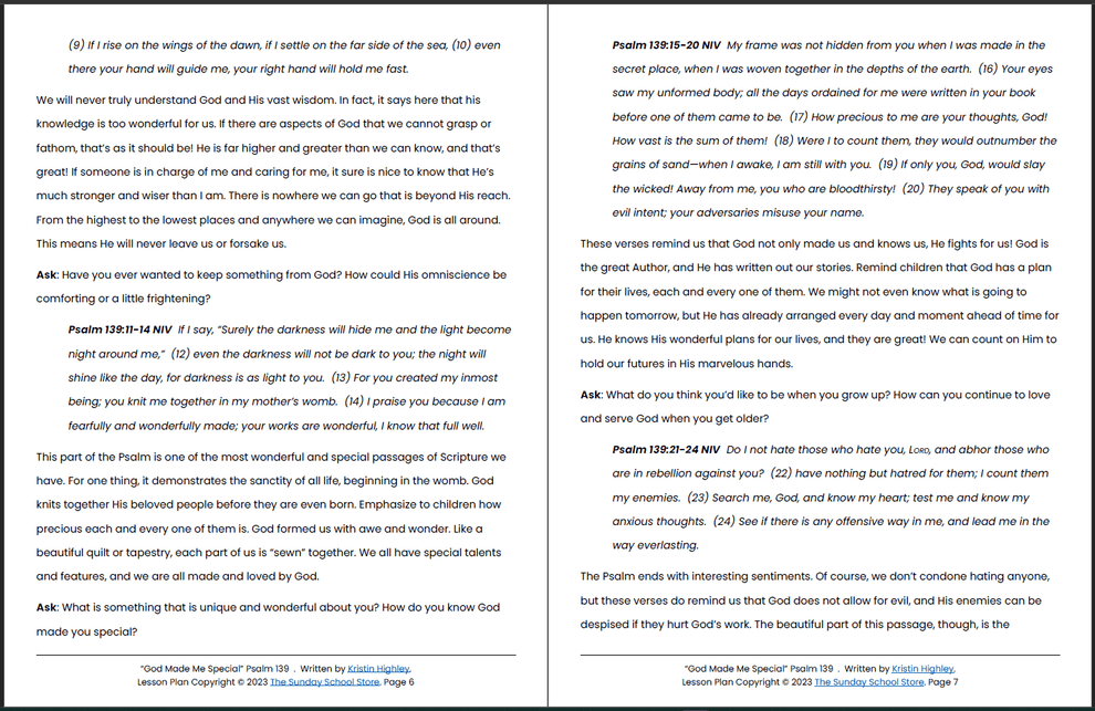 God Made Me Special (Psalm 139) Printable Bible Lesson & Sunday School ...