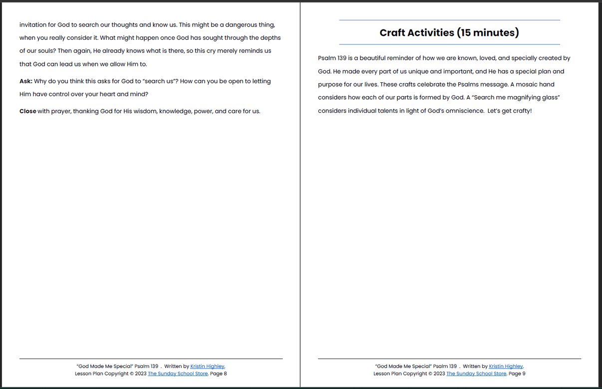 God Made Me Special (Psalm 139) Printable Bible Lesson & Sunday School ...