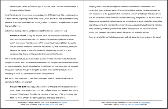 Jesus Doesn't Change! (Hebrews 5:1-10, 13:6-8) Printable Bible Lesson ...