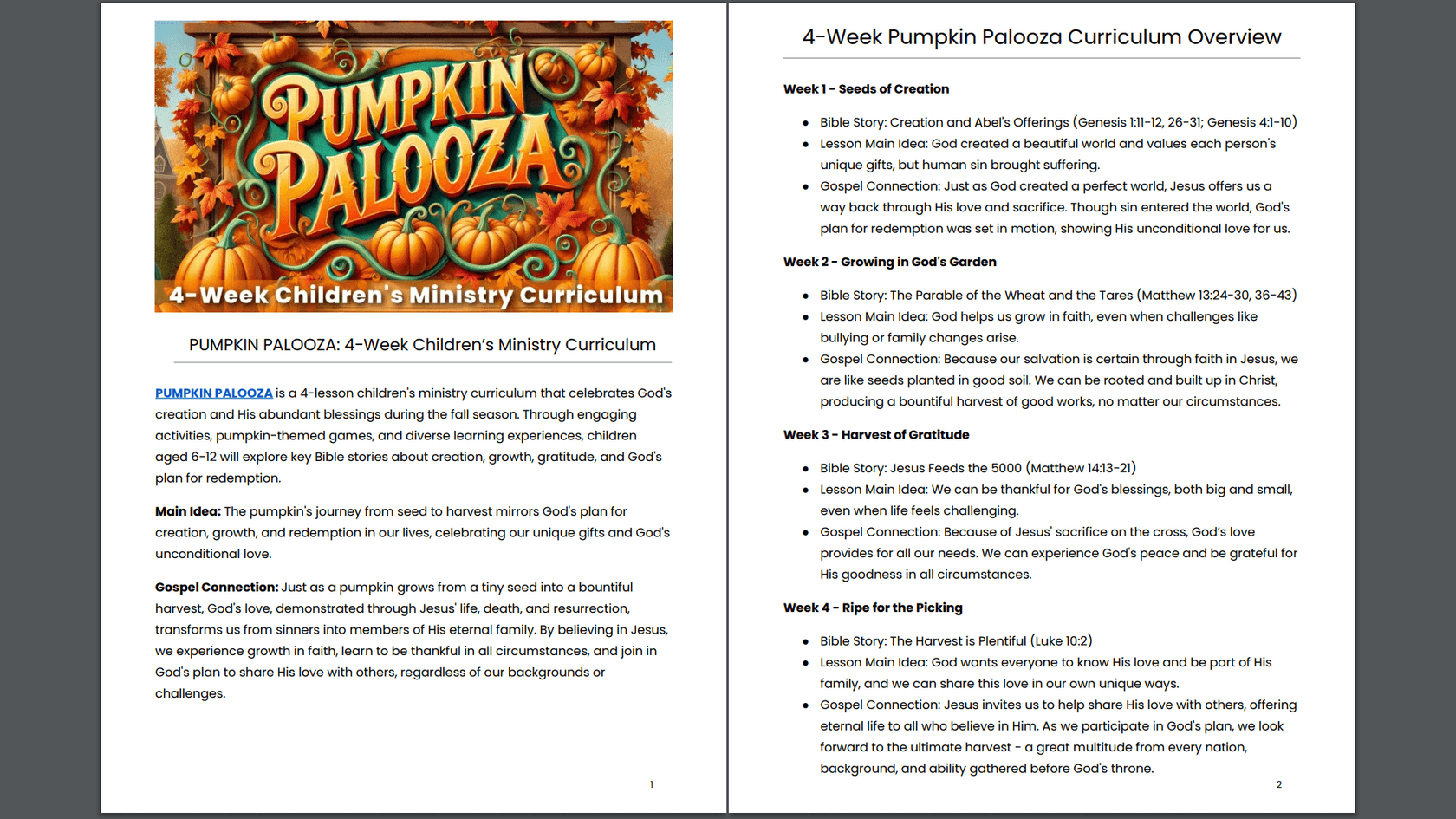 PUMPKIN PALOOZA: 4-Lesson Fall Themed Children's Ministry Curriculum ...