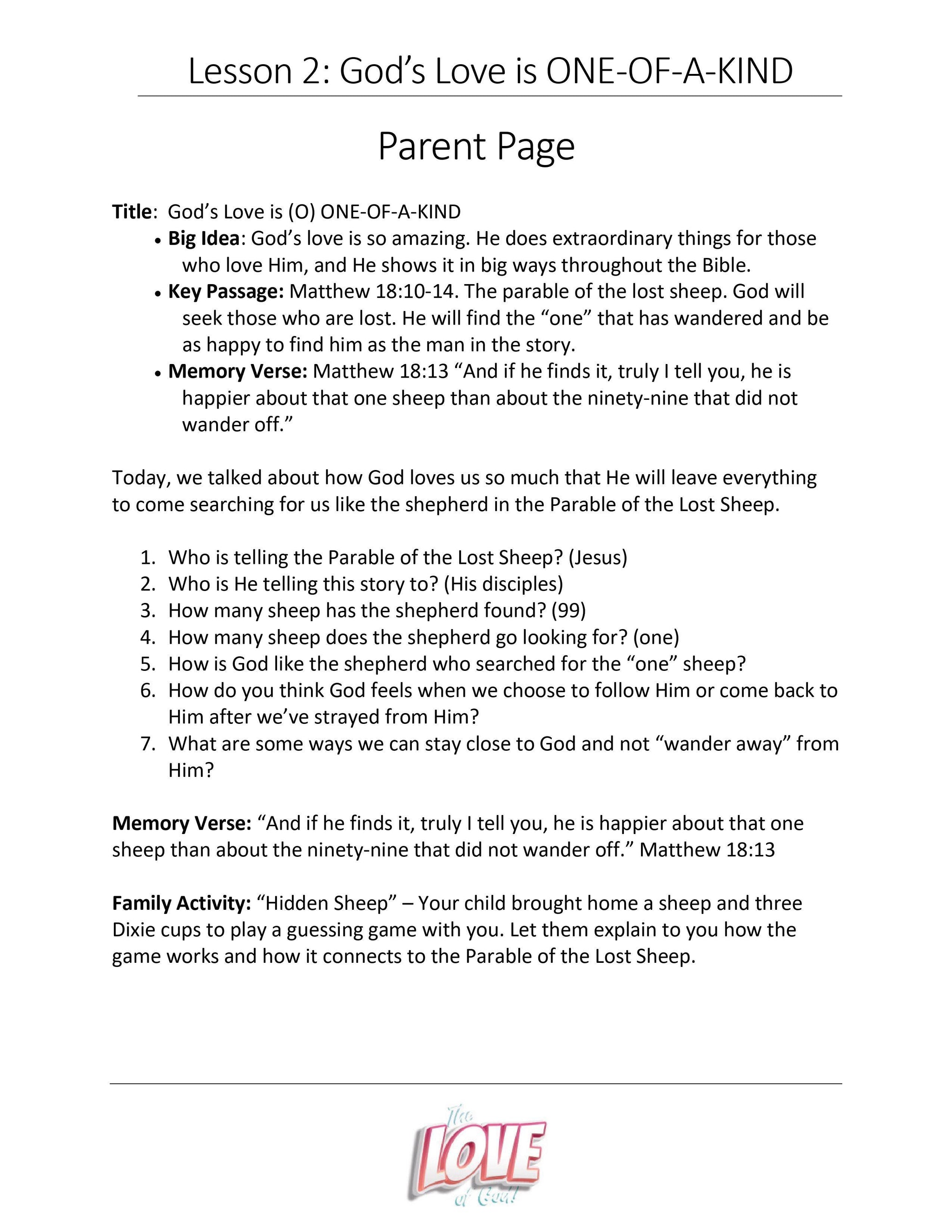 God's Love is ONE-OF-A-KIND (Free Sample Lesson) The LOVE of God Curri ...