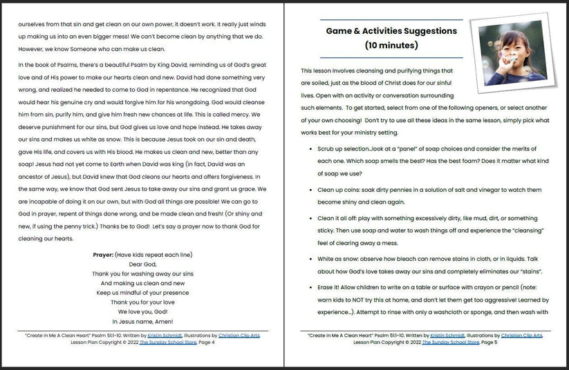 Create in Me a Clean Heart (Psalm 51) Printable Bible Lesson & Sunday ...